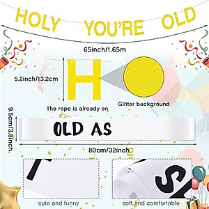 36 Pcs Holy Shit You're Old Banner Birthday Decoration Gold Glitter Banner Old As Shit White Sash Over The Hill Hanging Swirls Black and Gold Balloons Funny Old Age Birthday Retirement Party Supplies