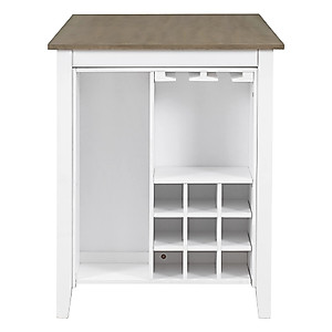 5-Piece Rustic Dining Table Set, Rubber Wood Counter Height Table with 4 Padded Chairs and Integrated 9 Bar Wine Compartment, Wineglass Holdersc for Dining Room Kitchen (Brown + White Wash-04)