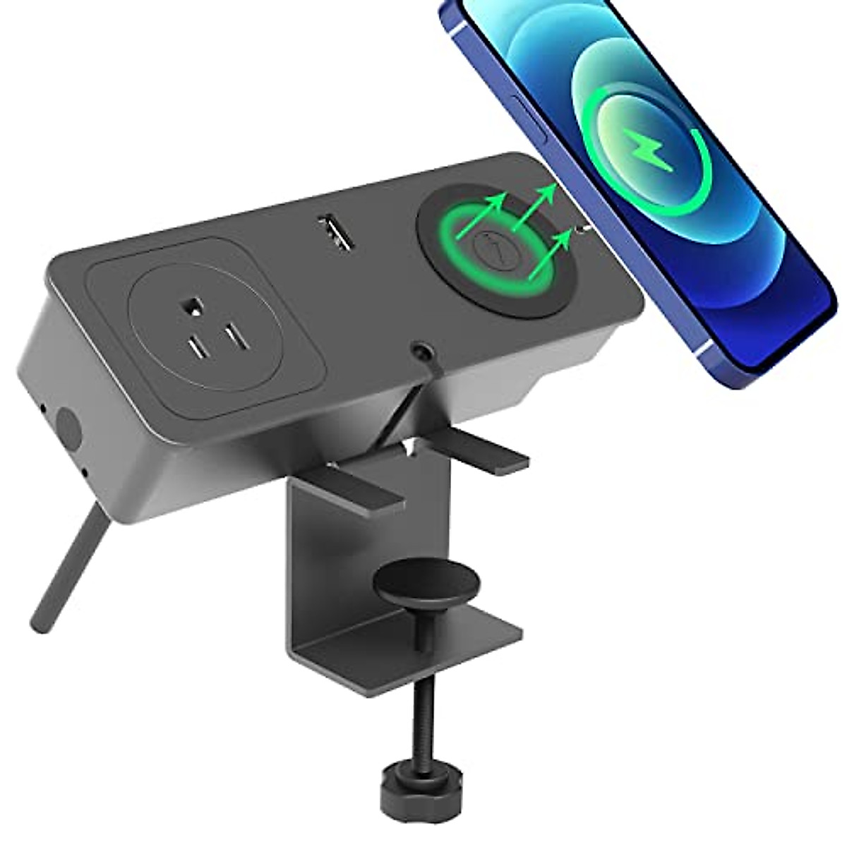 Desk Clamp Power Strip USB C, Desk Mount Power Strip with AC Outlet/2 USB Ports/15W Wireless Charger Station, Desktop Surge Protector PD 20W USB C Fast Charging, Fit 2.16" Tabletop Edge