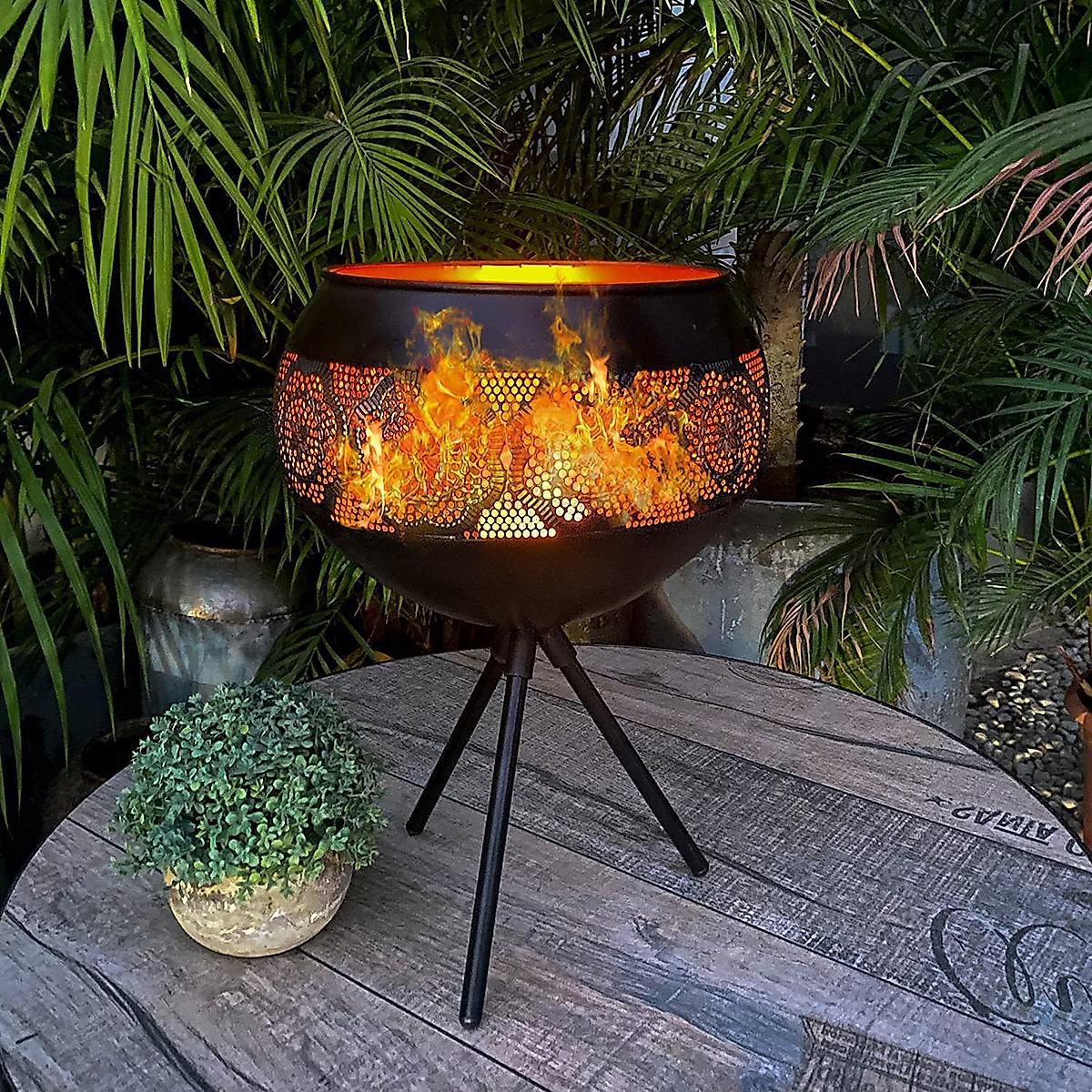 Larekook Outdoor Lantern Flickering Flame Light Solar Floor Lamp Waterproof Retro Lantern Metal Brazier Light Decor for Yard Patio Garden （Auto On/Off）