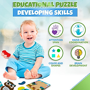 Wooden Puzzle Toddler Toys - Educational and Learning Montessori Toys for Boys and Girls, 6 Unique Animal Patterns - Preschool Jigsaw Puzzles for Toddlers 2-5 years old, Great Birthday Gift for Kids