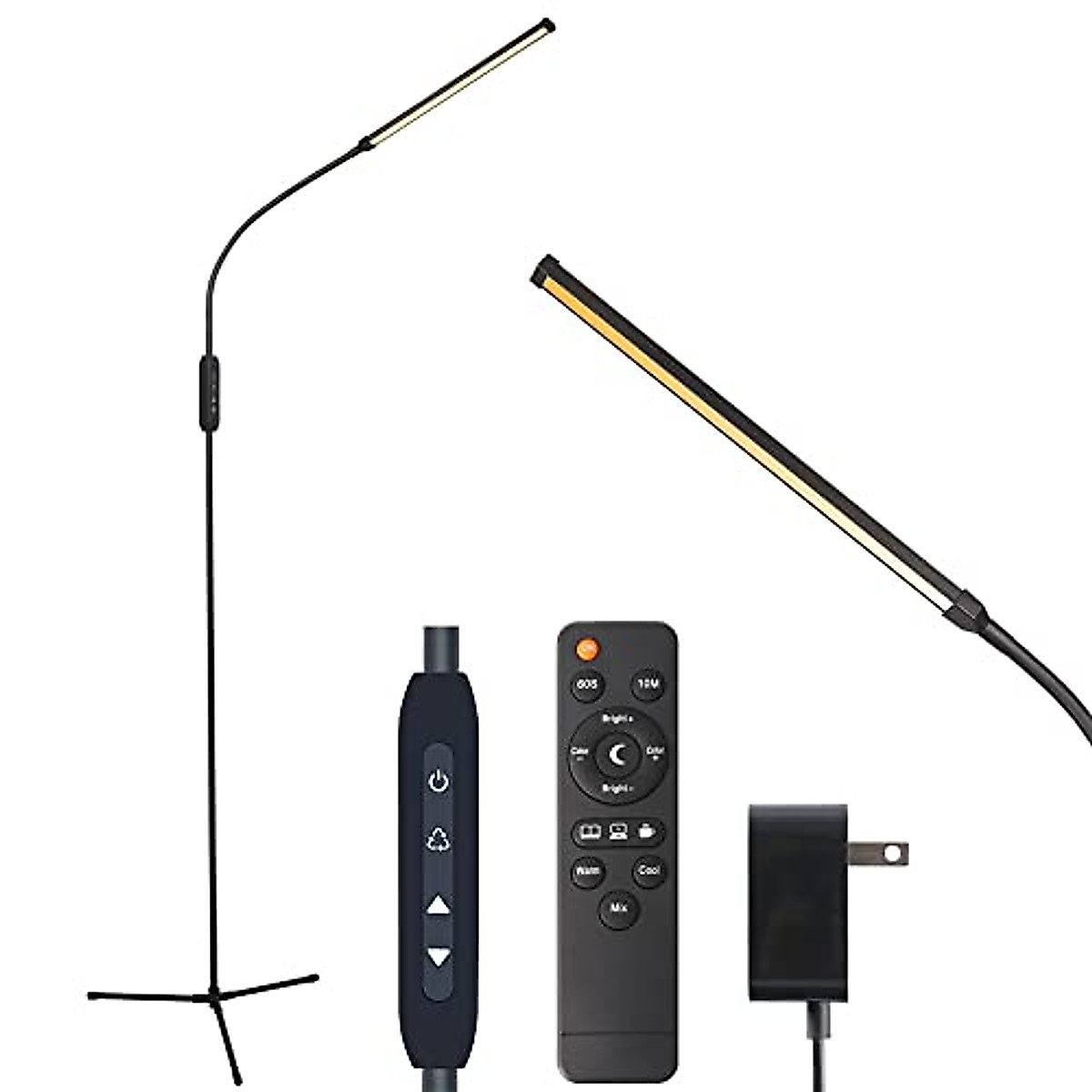 Aisilan Adjustable Floor Lamp with Remote&Touch Control, 12W Gooseneck Standing Lamp, 5-Color&5 Brightness Dimmable, Black Reading Tall Pole Light with Timer, Memory Function, for Living Room Bedroom