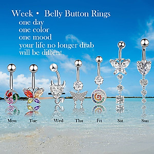 14G Surgical Steel Belly Button Ring Butterfly Dangle Belly Button Rings for Women CZ belly rings belly piercing jewelry 7PCS