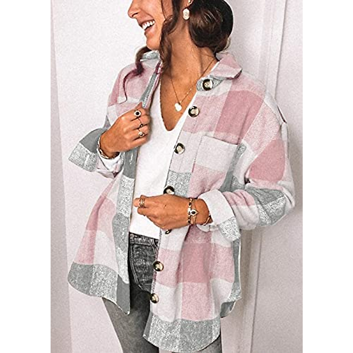 PRETTYGARDEN Women's Fall Clothes Plaid Shacket Jacket Trendy Casual Long Sleeve Button Down Flannel Shirts Fashion Blouse(Pink,Large)