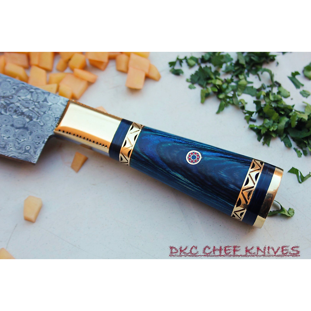 (6 7/18) DKC-533-DS-BL Grand Master Chef Knife Blue Handle Damascus Steel DKC Knives 16.8 oz 12" Long 7.5" Blade (Blue Handle Damascus Blade)