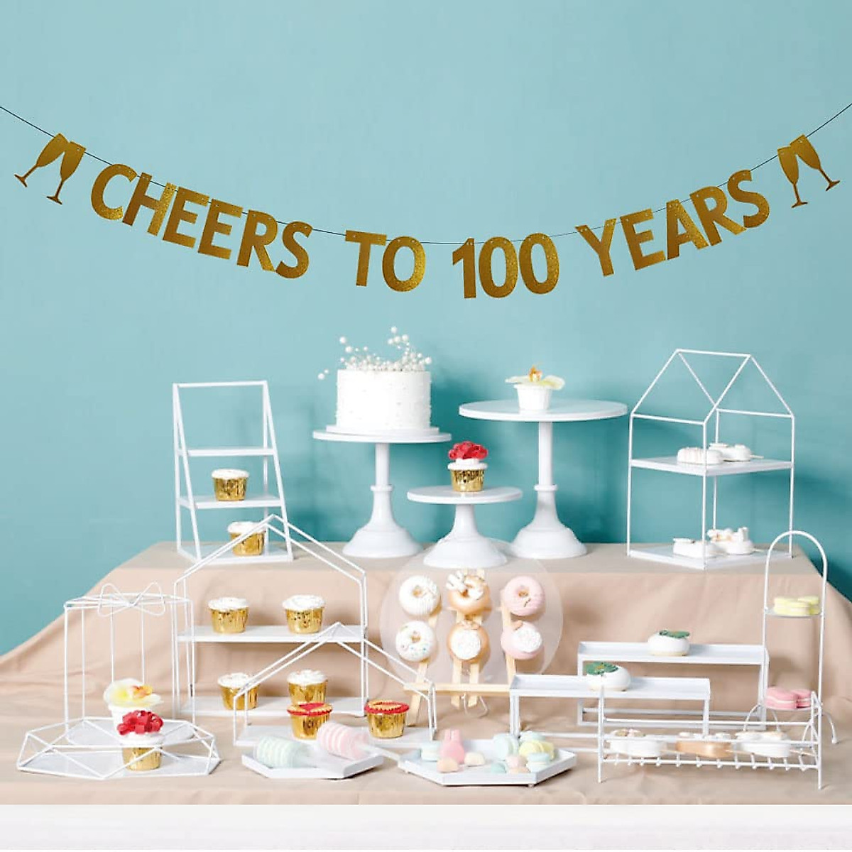 Betteryanzi Gold Cheers to 100 Years Banner,Pre-strung,100th Birthday/Wedding Anniversary Party Decorations Supplies,Gold Glitter Paper Garlands Backdrops,Letters Gold CHEERS TO 100 YEARS