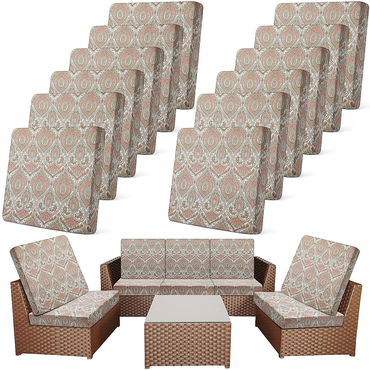 Newwiee 12 Pcs Patio Stretch Sofa Cushion Covers Outdoor Cushion Cover Replacement Couch Slipcover Sofa Seat Cover Flexibility Chair Cushion Cover Porch Patio Furniture Protector (Red,Paisley Print)