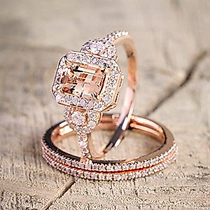 2PCS Gorgeous 18K Rose Gold Plated Morganite Ring Engagement Bridal Women Jewelry Set Morganite White Topaz Ring Set Women Bridal Wedding (6)