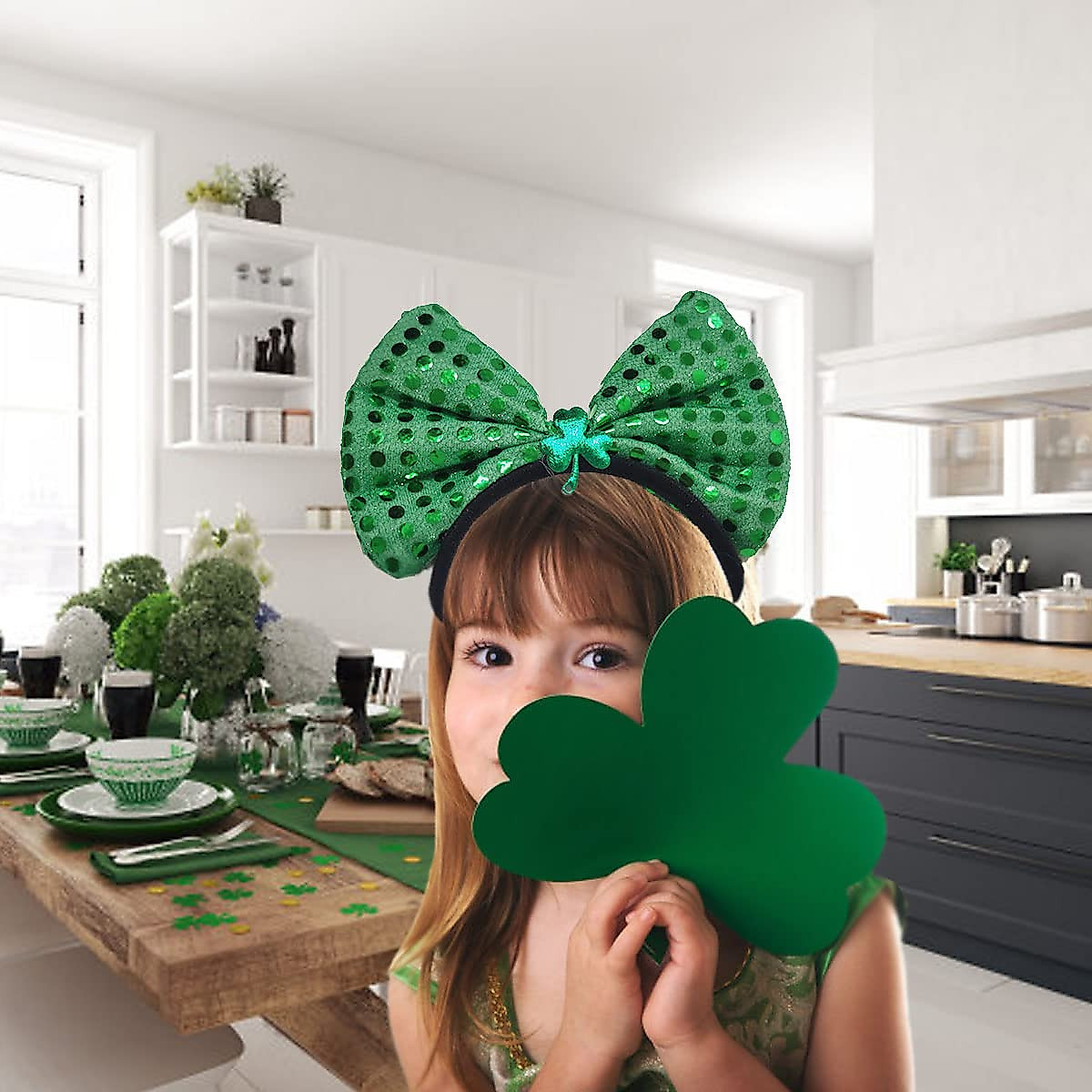 HAKJXOS St. Patrick's Day Headbands Cute Green Bow Sequin Headbands Hair Accessories for Women Men Holiday Party Cosplay Hair Bands Supplies 1 Pcs