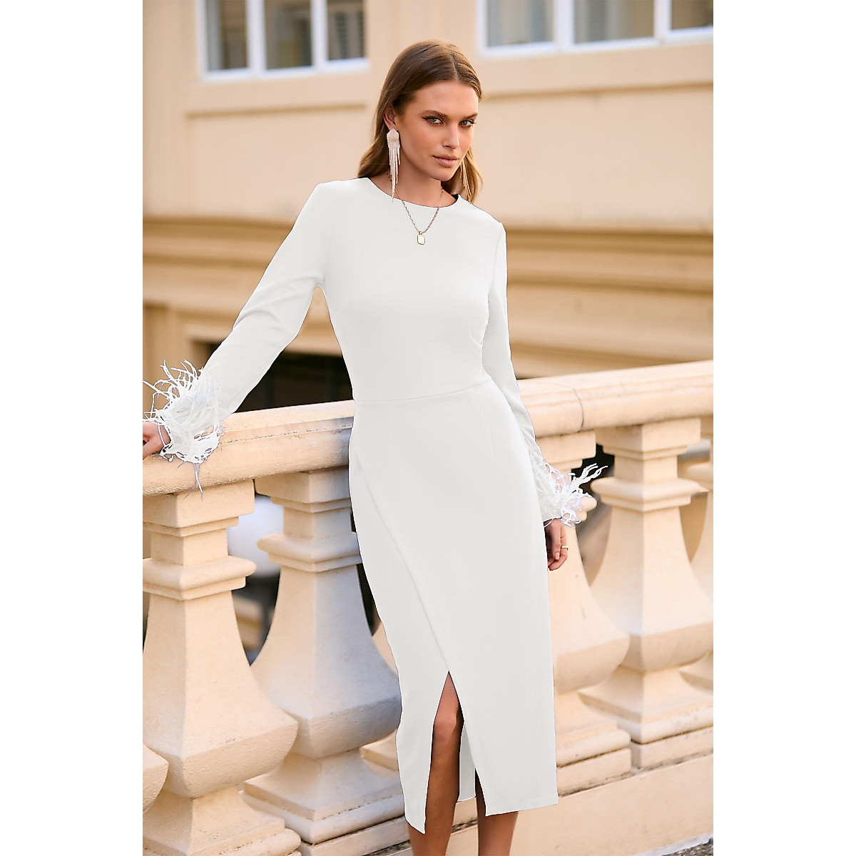 PRETTYGARDEN Women's 2024 Fall Long Sleeve Dress Formal Midi Bodycon Wrap Slit Feather Elegant Wedding Guest Cocktail Dresses (Beige White,Large)