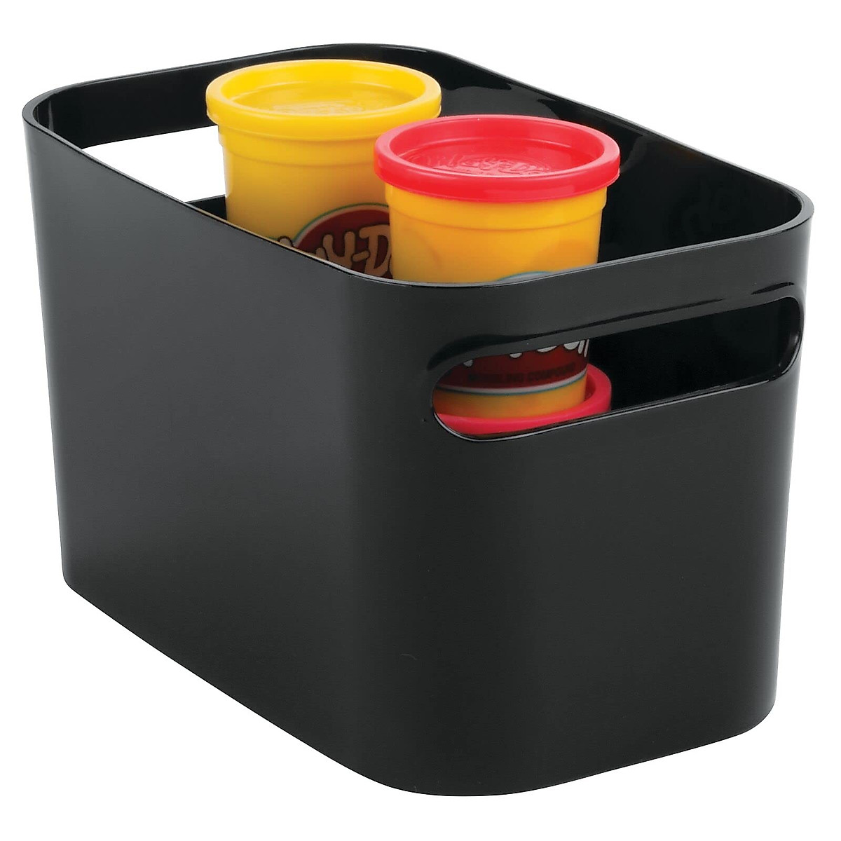 mDesign Plastic Toy Box Storage Organizer Tote Bin with Handles for Child/Kids Bedroom, Toy Room, Playroom - Holds Action Figures, Crayons, Building Blocks, Puzzles, Crafts - 10" Long, 2 Pack - Black