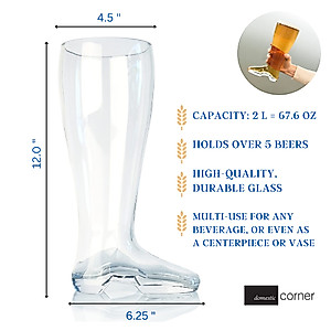 Domestic Corner - Das Boot - Quality Glass Beer Boot Mug for Oktoberfest Celebrations, St. Patrick's Day, Bachelor or Bachelorette Festivities, Holds Over 5 Beers - 2 Liter