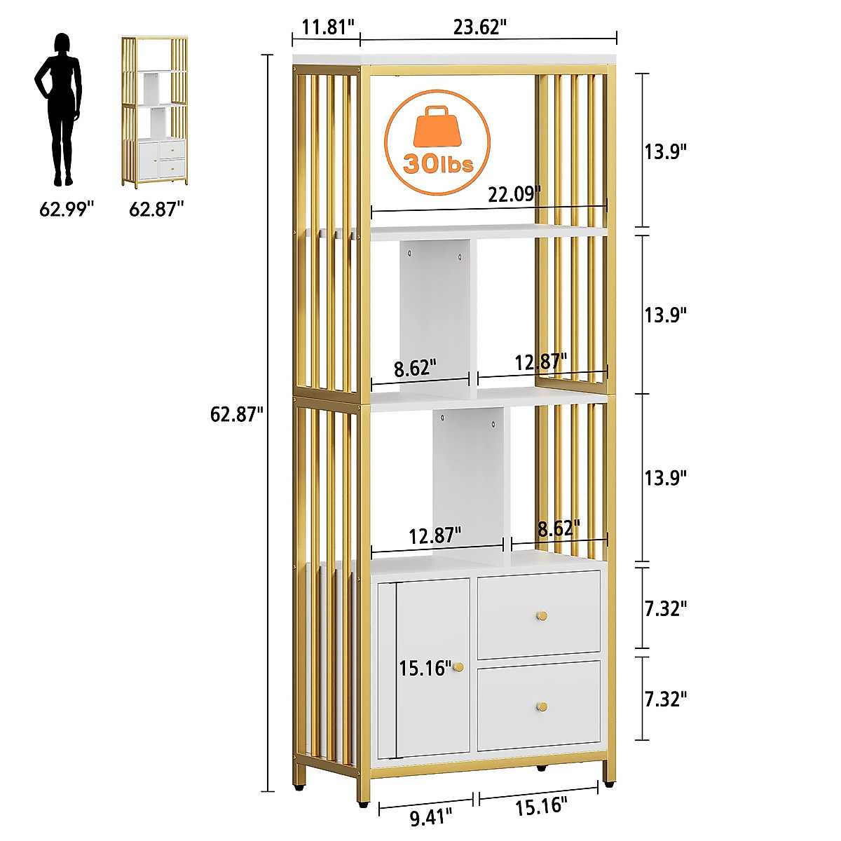 Amyove Gold Bookshelf with Drawers Modern Bookcase Storage Rack Shelf Tall Standing Bookshelves Metal Frame Large Display Racks Book Shelf for Bedroom, Living Room, Home Office, White/Gold
