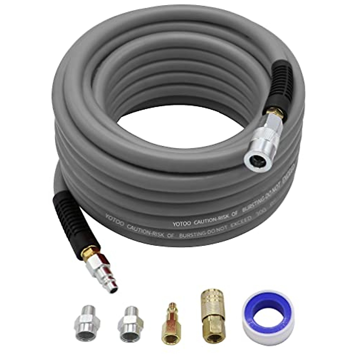 YOTOO Hybrid Air Hose 1/2-Inch I.D. by 50-Feet Long 3/8 inch MNPT Solid Brass Fittings 300 PSI Heavy Duty, Lightweight, Kink Resistant with 3/8" and 1/4" Industrial Quick Coupler Connectors, Gray
