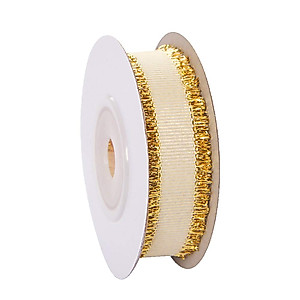 Christmas White Glitter Grosgrain Ribbon with Gold Trim,DIY Grosgrain Fringe Ribbon for Gift Crafts Wedding Party Birthday Wrap Hair Bows Floral Projects Wrapping Decorations 1.6cmx5m (1 Roll)