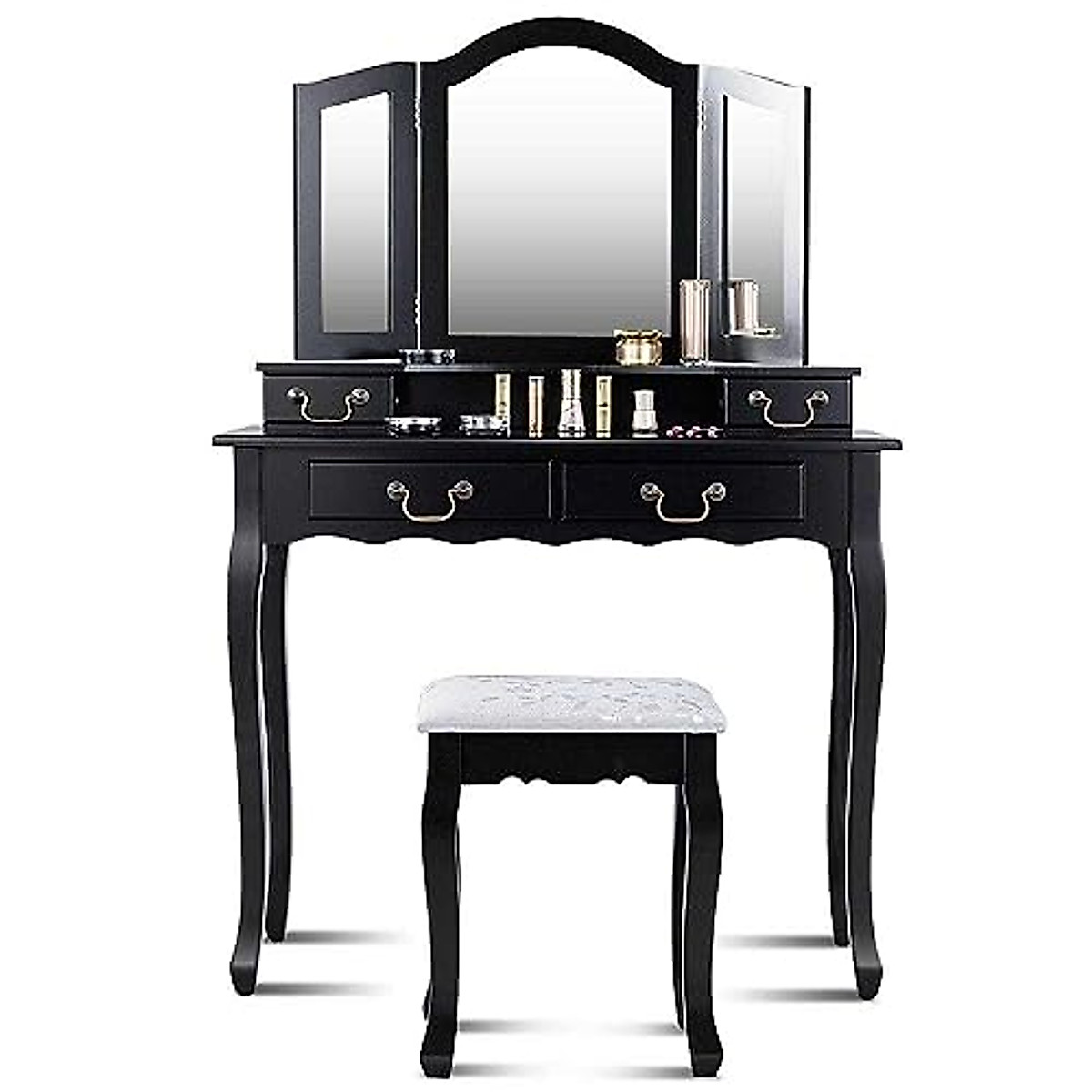 KJNS Vanity Set Makeup Dressing Table Tri Folding Mirror Stool 4 Drawers Black Vanity Desk Makeup Vanity Side Tables Bedroom Vanity Table Portable Desk Vanity Set