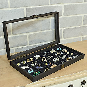 MOOCA Natural Wood Tempered Glass Top Jewelry Display Case Accessories Storage Box with Metal Clasp & Removable 24 Compartment Flocked Tray Liner, Wooden Jewelry Tray for Collectibles, Black