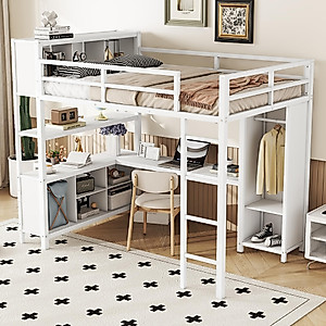 Linique Full Size Metal Loft Bed with L-Shape Desk, Wardrobe and Storage Shelves, Full Length Guardrail and Ladder, White