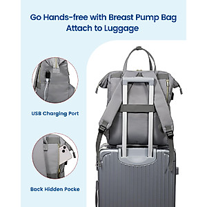 LOVEVOOK Breast Pump Backpack with Cooler Bag, Quilted Breast Pump Bags Fits Spectra S1, S2 Medela, Travel Double Layer Pumping Bag for Working Moms with 15.6" Laptop Pocket, Grey