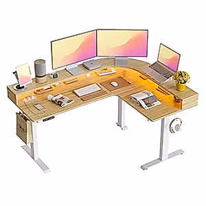 FEZIBO Triple Motor L Shaped Stadning Desk with LED Strip & Power Outrlets，63 inches Height Adjustable Stand up Corner Desk with Ergonomic Monitor Stand, White Frame/Natural Top