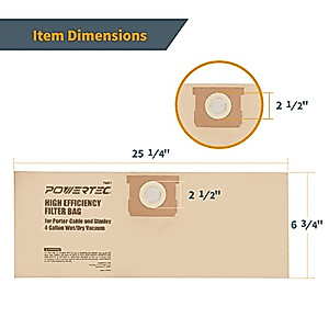 POWERTEC Shop Vacuum Bags 3PK for Stanley 25-1238/ Porter Cable PCX18301-4B, SL18301-3B 4 Gallon Vacuum Bags, Replacement Filter Bags for Stanley & Porter Cable Shop Vacuum Accessories (75051)
