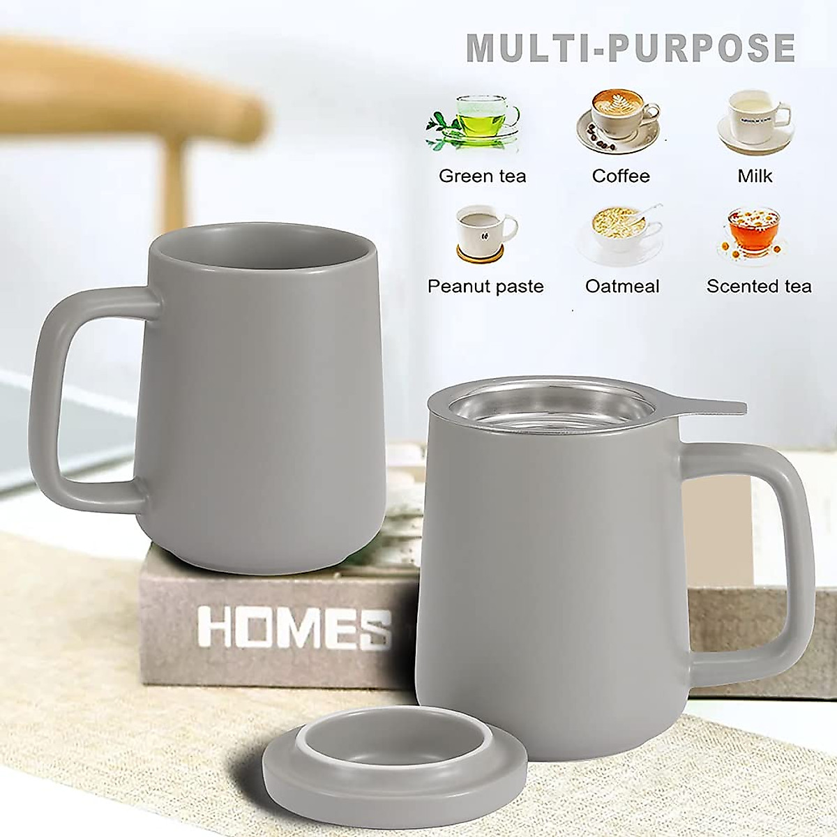 Tea Te Ching Ceramic Tea Cup - 16 Oz Tea Mug with Infuser and Lid | Stainless Steel Tea Strainer for Steeping Loose Leaf Tea | Elegant Tea Infuser Mug | Coffee Cups with a Beautiful Gift Box, Grey