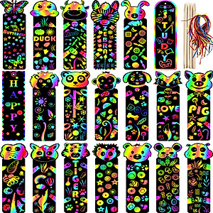 Blulu 100 Pieces 20 Styles Valentines Animal Scratch Bookmarks for Kids Magic Scratch Bookmarks DIY Bookmark Crafts with 100 Pieces Ropes and 20 Pieces Wood Stylus for Boys Girls Students Classroom