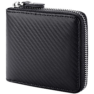 Veeskyee Wallets for Men with Zipper Zip Around Wallet Genuine Leather Secure Credit Card Holder for Men Carbon Fiber Texture Black
