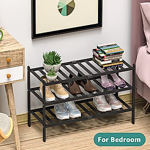 Goramio 3 Tier Bamboo Shoe Rack - Sturdy Shoe Rack for Entryway, Closet, Hallway, Living Room - Free Standing Small Shoe Shelf - Premium Stackable Shoe Storage Organizer - 27''×11''×18'' - Black