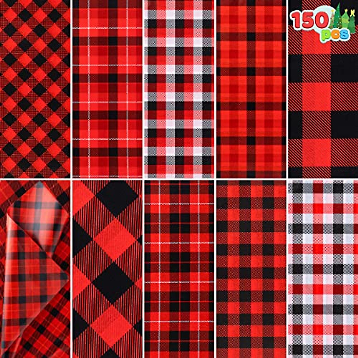 JOYIN 150 Sheets Christmas Red Black Buffalo Plaid Tissue Paper Assorted Design, Holiday Gift Wrap Paper, Accessory for Gift Boxes, Gift Wrapping Bags and Wine Bottles Decoration