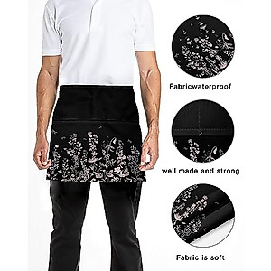 Black Flower Waitress Waiter Server Apron with Pockets,Waist Half Waterproof Cooking Kitchen BBQ Grill Chef Apron for Women,Men,Dad,Mom,Grandma,Boys,Girls Vintage Floral Aesthetic Leaves Dragonfly