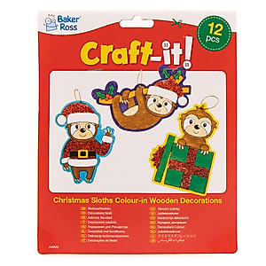 Baker Ross AX522 Christmas Sloths Wooden Decorations - Pack of 12, Christmas Decorations for Kids to Decorate and Display, Ideal Kids Arts and Crafts Project