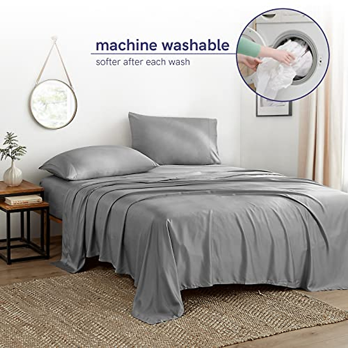 YnM Cooling Bed Sheet Set with 100 Percent Rayon Derived from Bamboo, 400TC Fabric with 2 Pillowcases and Flat Sheet, Deep Pocket Fit 19'', Silky-Soft & Sweat Wicking, 4 Piece (Queen, Dark Grey)