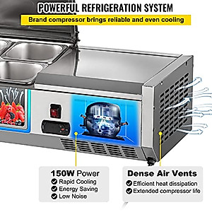 VEVOR Refrigerated Condiment Prep Station, 71-Inch, 19.8Qt Sandwich/Salad Prep Table with 5 1/3 Pans & 4 1/6 Pans, 150W Salad Bar with 304 Stainless Body and Cover Temp Adjuster One-Click Defrosting