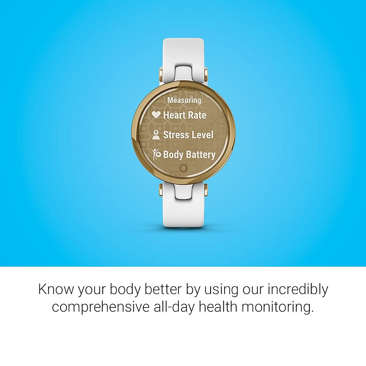 Garmin Lily™, Small Smartwatch with Touchscreen and Patterned Lens, Light Gold with White Leather Band