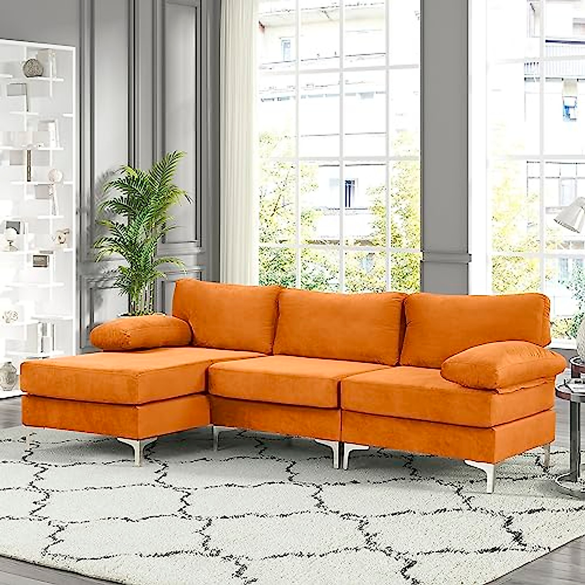 Casa Andrea Milano llc Modern Large Velvet Fabric Sectional Sofa L Shape Couch with Extra Wide Chaise Lounge, Orange