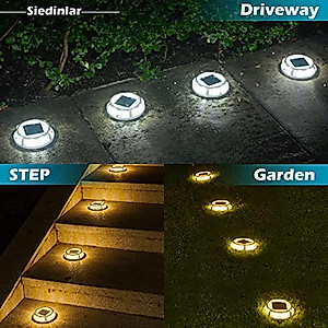 SIEDiNLAR Solar Deck Lights Outdoor 2 Modes 16 LEDs Driveway Markers Dock Light Solar Powered Waterproof for Ground Step Pathway Walkway Stair Garden Road Yard 4 Pack (Cool White/Warm White)