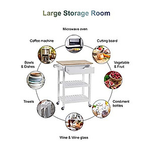 conifferism White Multipurpose Utility Cart,Butcher Block Kitchen Island on Wheels with Drawer, Farmhouse Islands with Storage Shelf for Small Places