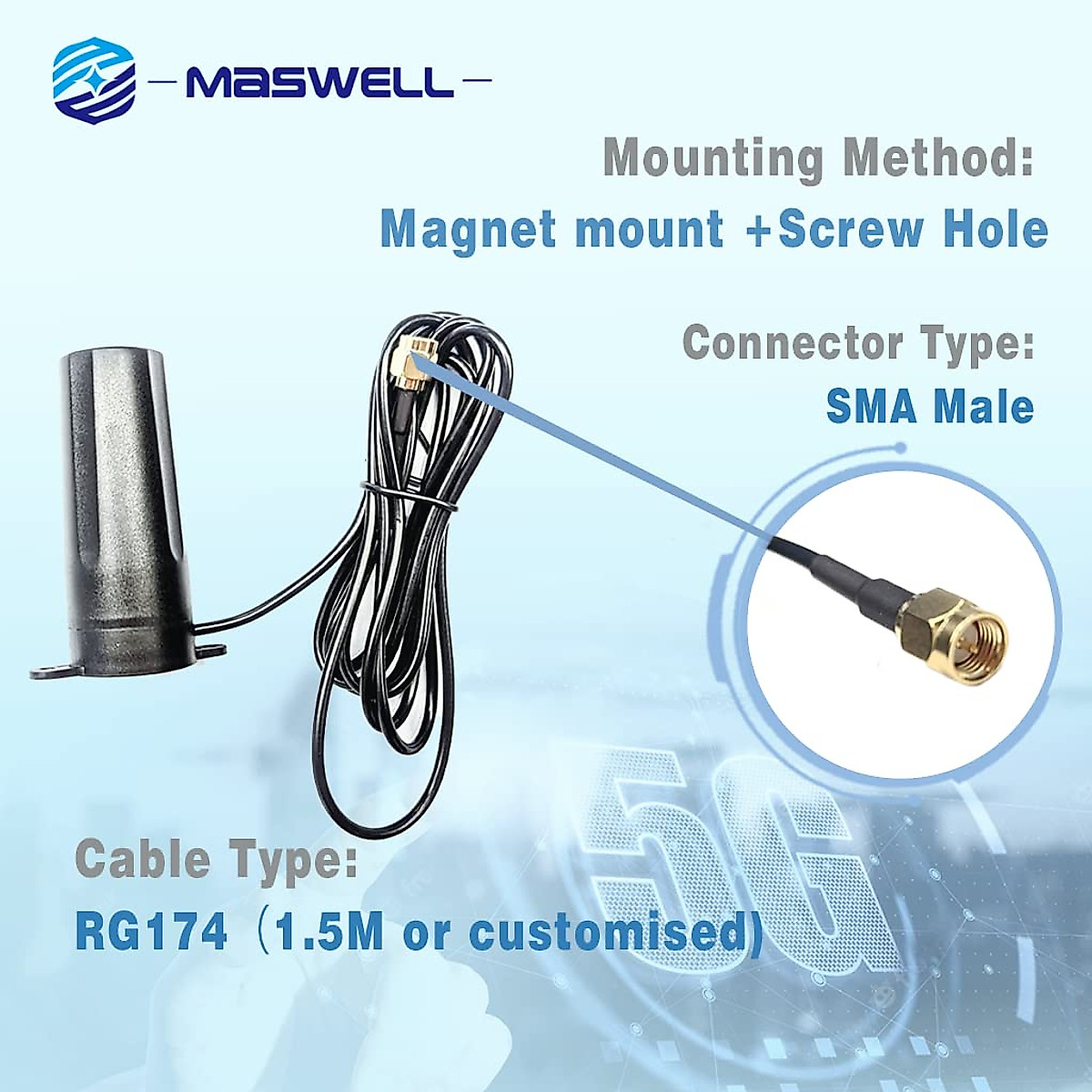 Maswell Cellular Antenna 600-6000 MHz 5G 4G WiFi6 Magnet and Screw Mount cost effective for IoT ...