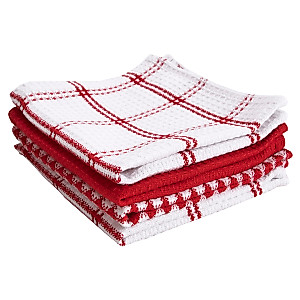T-fal Premium Waffle Dish Cloths: Highly Absorbent, Super Soft Long Lasting - 100% Cotton, 12"x13" Flat Waffle Dish Towel for Cleaning & Drying Dishes, (4-Pack), Red