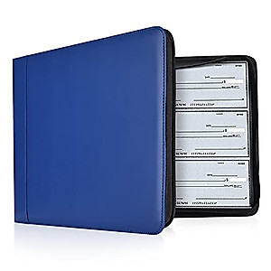 Business Check 7 Ring Checkbook Binder, PU Leather Portfolio, Built in Storage Organizer [Blue]