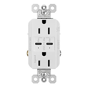 Legrand radiant R26USBPDW 15 Amp Tamper-Resistant Decorator Duplex Receptacle Outlet with Ultra Fast USB C/C 6.0A Charging Ports PLUS 30W Power Delivery, White (1 Count)