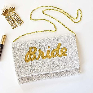 BRIDE Clutch for Wedding Day, Beaded Bride Purse for Bachelorette Party, White Bride Bag With Gold Cursive Design, Bridal Shower & Engagement Gifts for Bride To Be