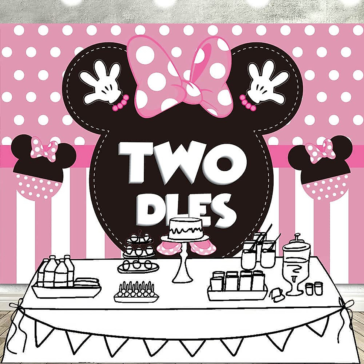 HEETON Pink Mouse Twodles Birthday Party Supplies Decorations Pink Girl Second Fabric Banner Backdrop for Baby Two Years Old 2nd Birthday Photo Props Background -7 x 5ft