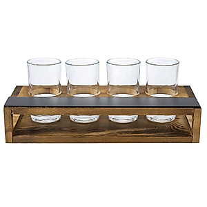 MyGift Rustic Dark Brown Burnt Solid Wood Sampler Tray Beer Flight Holder Serving Set with 4 Glasses and Erasable Chalkboard Label, Set of 2