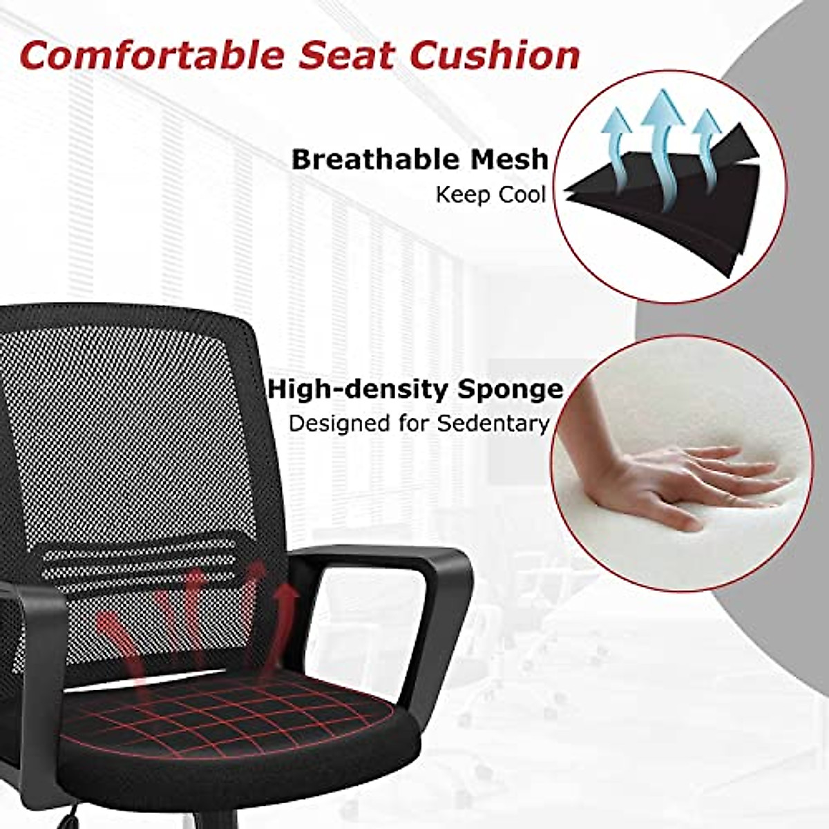 Office Chair Desk Chair Home Office Desk Chairs with Wheels, Mid Back Ergonomic Mesh Office Chair Computer Chair with Armrests for Adults, Teens