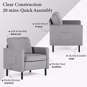 STHOUYN Fabric Comfy Small Accent Chair Set of 2 Living Room Bedroom Chairs, Reading Arm Chair for Adults, Suitable Small Spaces Office Couch, Light Grey (2, Light Grey)