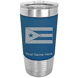 LaserGram 20oz Vacuum Insulated Tumbler Mug, Flag of Puerto Rico, Personalized Engraving Included (Faux Leather, Blue)