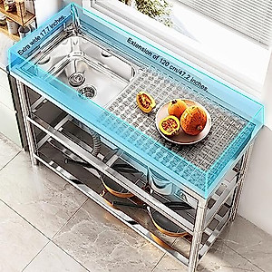 Large Single Bowl Sink Commercial Kitchen Washing Sink Free Standing Restaurant Sink Station Industrial Garage Sink w/Workbench & Storage Shelves (100cm/39.3in,Package A)