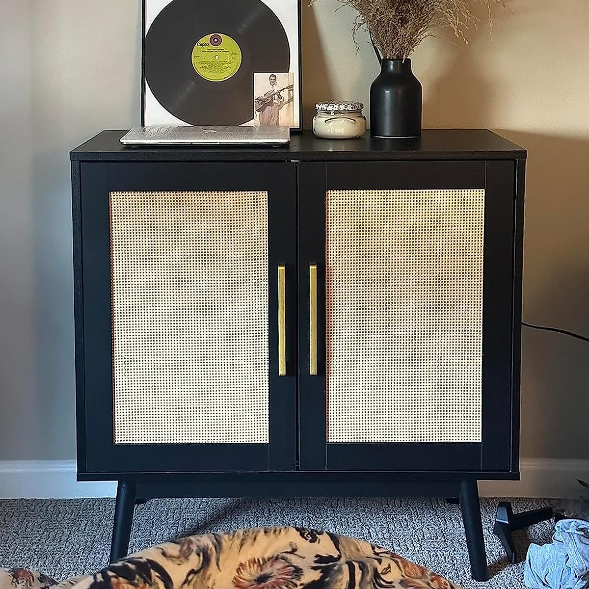 LYNSOM Rattan Storage Cabinet with Doors and Shelves, Natural Rattan Sideboard and Buffet with Storage, Free Standing Accent Cabinet for Entryway, Living Room, Office, Black